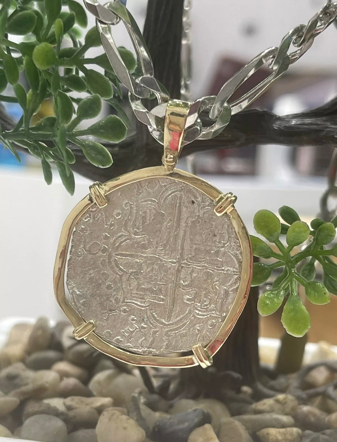 ATOCHA SILVER COIN PENDANT IN 14K REAL SOLID GOLD BEZEL